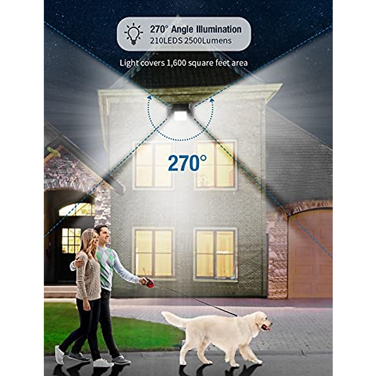 Outdoor Solar Powered Flood Lights with Movement Detection, 210 LED 2500LM 6500K, IP65 All-Weather Resistance, 3 Adjustable Heads, 270° Wide Angle, Light for Garage Patio Porch Garden Yard - 2 Pcs