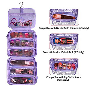 LoDrid Doll Carrying Case Compatible with LOL Surprise OMG, Display Organizer Compatible with Big Sister 3-inch Dolls with a Hanging Hook and 7 Clear Zipper Pockets, Bag Only, Purple(Patent Design)