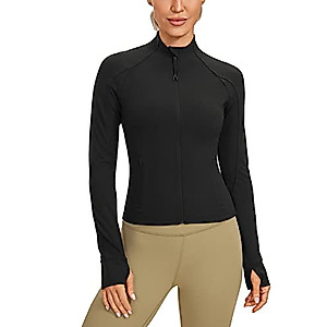 CRZ YOGA Butterluxe Womens Cropped Slim Fit Workout Jackets - Weightless Track Athletic Full Zip Jacket with Thumb Holes Black Medium
