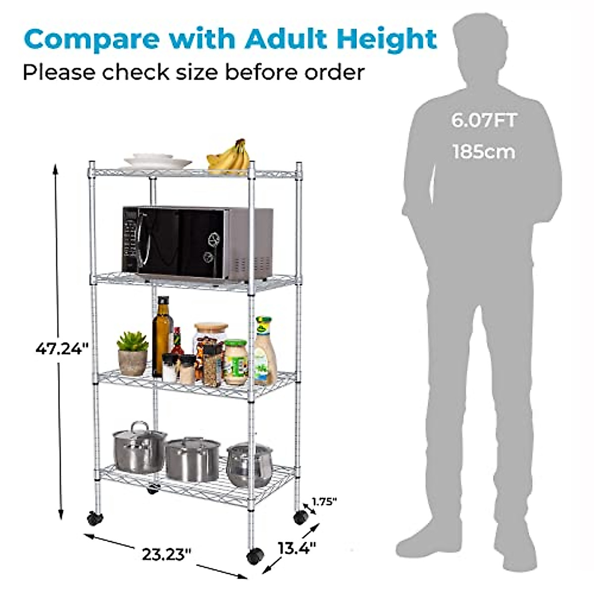 JS HANGER Wire Shelving Unit, 4-Tier Heavy Duty Height Adjustable Rolling Metal Shelves for Storage, 440 lbs Capacity, 23.23''W X 13.4''D X 47.24''H, Silver