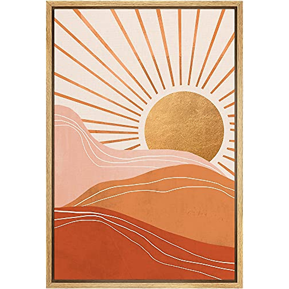 SIGNFORD Framed Canvas Print Wall Art Shining Sun Over The Orange & Red Hills Abstract Wilderness Digital Art Modern Art Rustic Scenic Multicolor for Living Room, Bedroom, Office - 24"x36" Natural