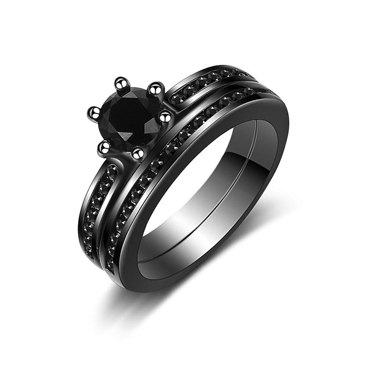 Women's 2pc Black Gold Filled Black CZ Diamond Wedding Engagement Ring Bridal Sets Wedding Band Solitaire Set (size 9)