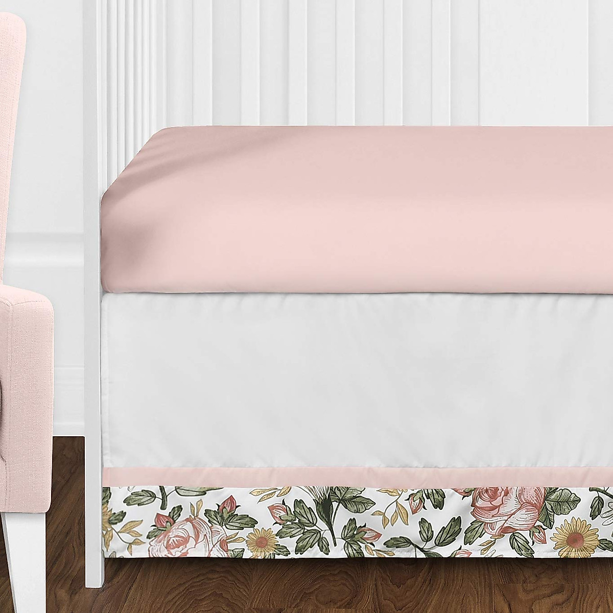 Sweet Jojo Designs Vintage Floral Boho Baby Girl Nursery Crib Bedding Set - 11 Pieces - Blush Pink, Yellow, Green and White Shabby Chic Rose Flower Farmhouse