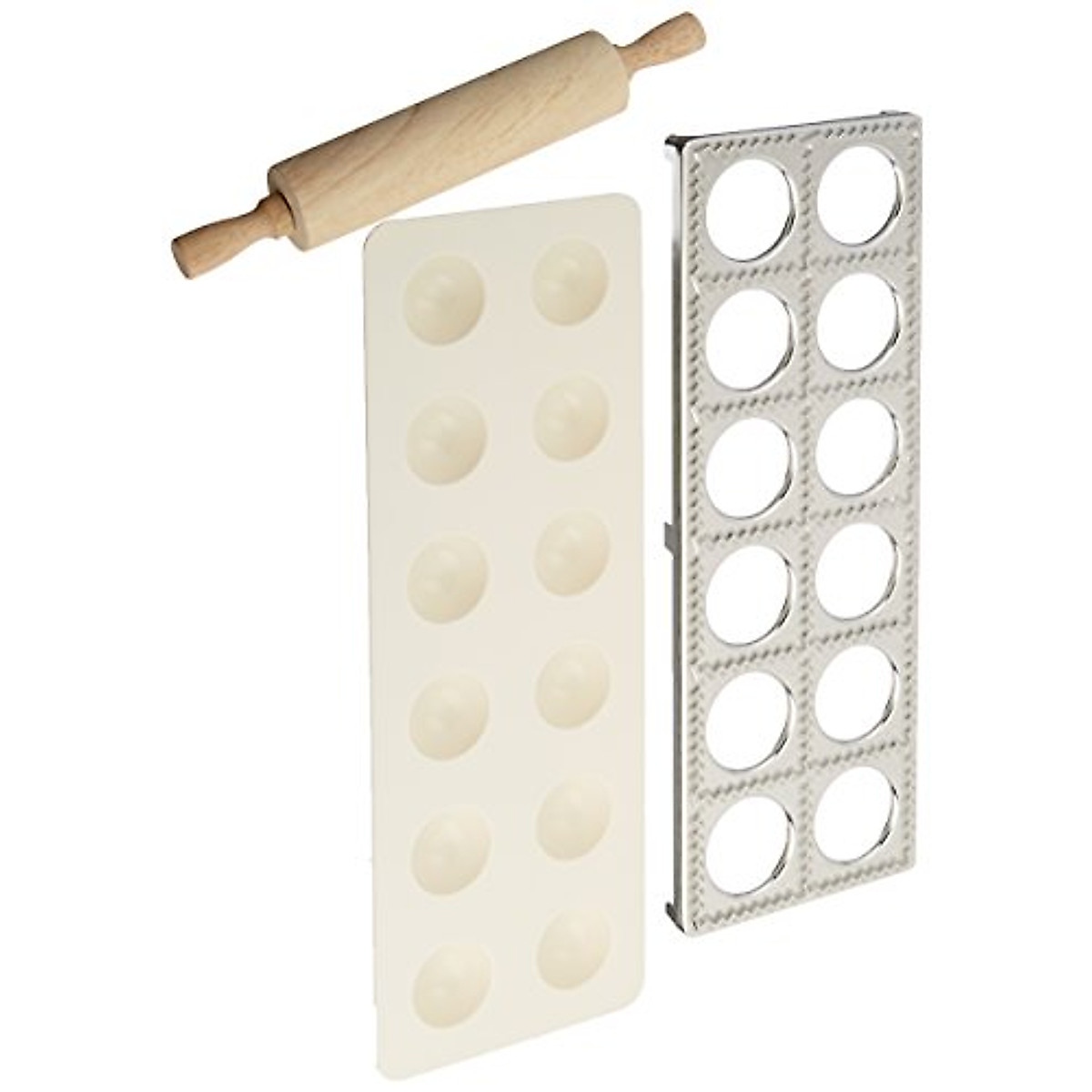 Norpro 3 Piece Ravioli Maker and Press Set with Rolling Pin, Large, White and silver