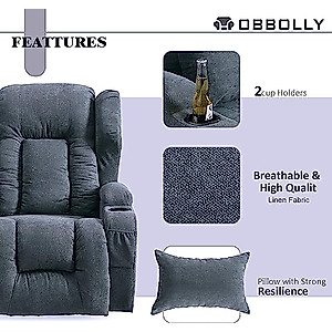 OBBOLLY Swivel Rocker Recliner Chair - Manual Glider Rocking Recliner Chair, Wingback Design 360° Swivel Chair with Lumbar Pillow, Cup Holders, Side Pockets for Living Room (Blue Grey, Single)