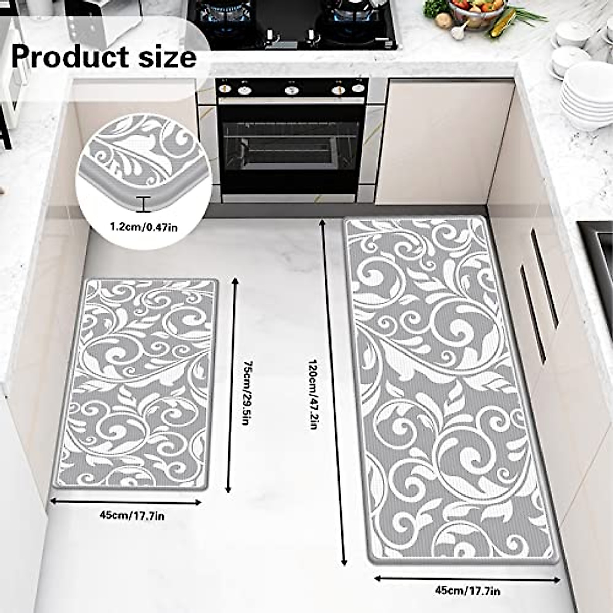 Large Kitchen Mats Anti Fatigue, 2 - Pack MojiDecor Thicken Kitchen Rugs Standing Pads Durable Stain Resistant Non-Slip Memory PVC Floor Mats (17.8 x 47.2Inch)& (17.8 x 30Inch) for Home Garage Office