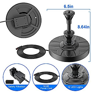 Yzert Pond Fountain Pump with 12 LED Lights, 32.8ft Power Cord Adapter 6W Outdoor Pool Fountains with 2-Tier Floating Water Garden Fountain for Garden Ponds Pool Outdoor Play