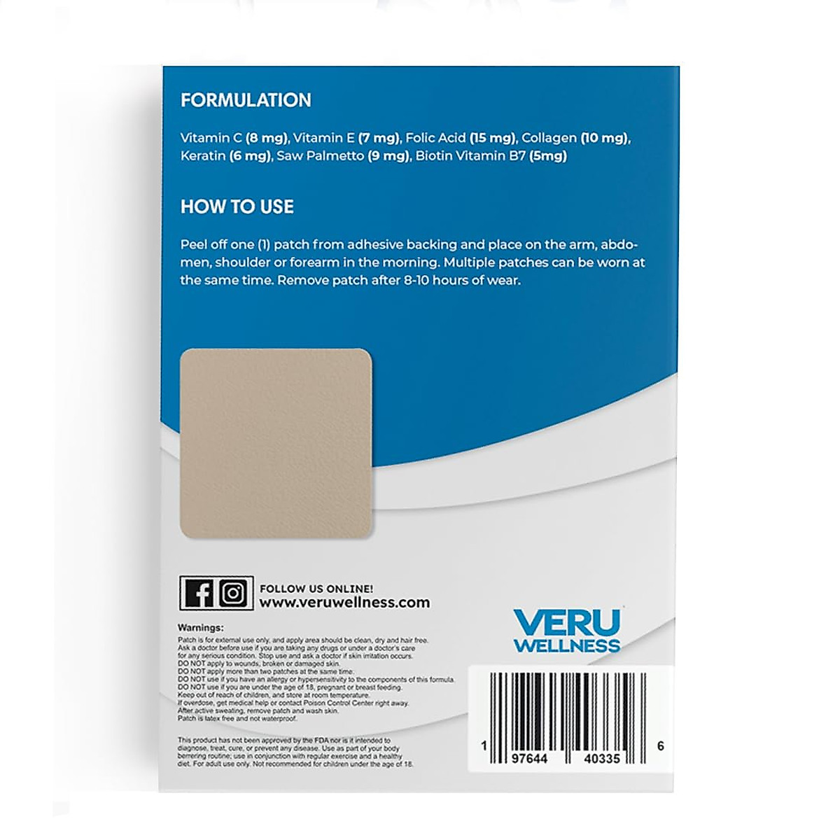 Veru Wellness Biotin Plus Daily Patch - B7, Collagen - Self Adhesive Time Release Patch (60 Day)