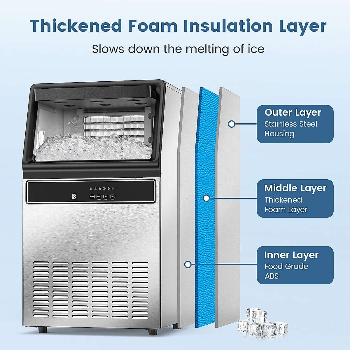 COWSAR Commercial Ice Make Machine100 lbs/24H, 45 Ice Cubes/Cycle Upgrade Stainless Steel Ice Maker with Self Cleaning& 48 Hour Timer for Bar/Cafe/Restaurant/Home, Under Counter Ice Machine