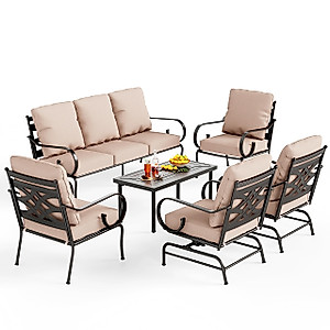 PHI VILLA Metal Patio Outdoor Furniture Sets,All-Weather Steel Frame Patio Conversation Sets for Backyard, Porch and Garden（Beige, 6 pcs w/Table）