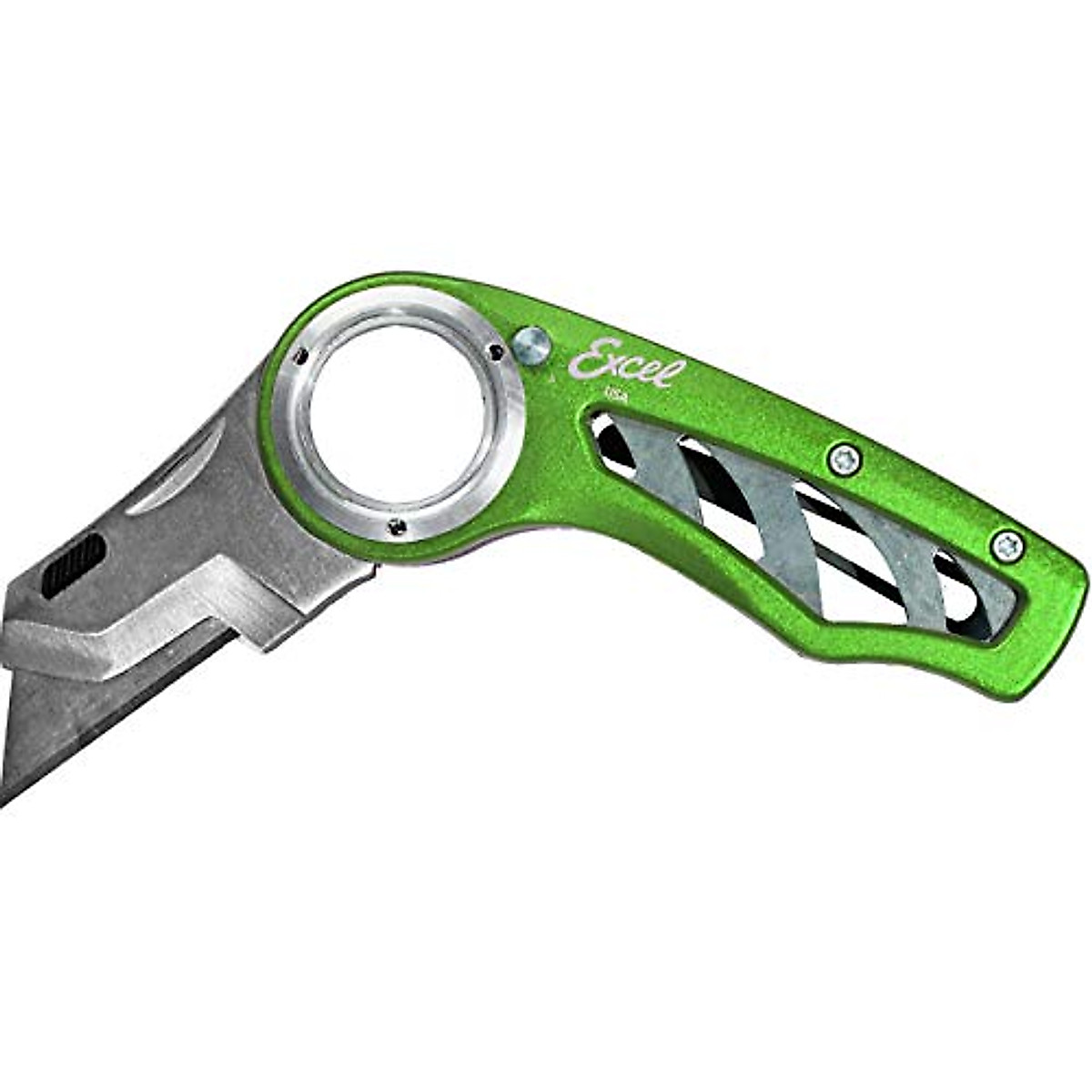 Excel Blades Revo Folding Pocket Utility Knife - Aluminum Body Heavy Duty Box Cutter with Holster, Anti-Slip Finger Loop Design Grip, Quick Change Blades and 3 Lock Positions Design, Green
