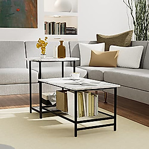 Wolawu Coffee Table White Marble Set of 2 Large Round and Long Rectangle 2 Tiers Wood Storage Shelf Detachable Modern Living Room White Marble