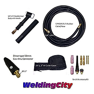 WeldingCity 150-amp WP-17F (Flexible Head) Air-cooled TIG Welding Torch Complete Package with 25-ft Power Cable Hose and Dinse 35-50 (1/2"-pin) In-line Gas-thru Cable Adapter