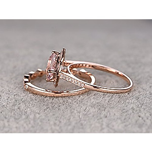 2pcs Morganite Bridal Ring Set,Engagement Ring Rose Gold,Diamond Wedding Band,14k,7mm Cushion Cut,Promise Ring,Retro Vintage Floral,Art Deco