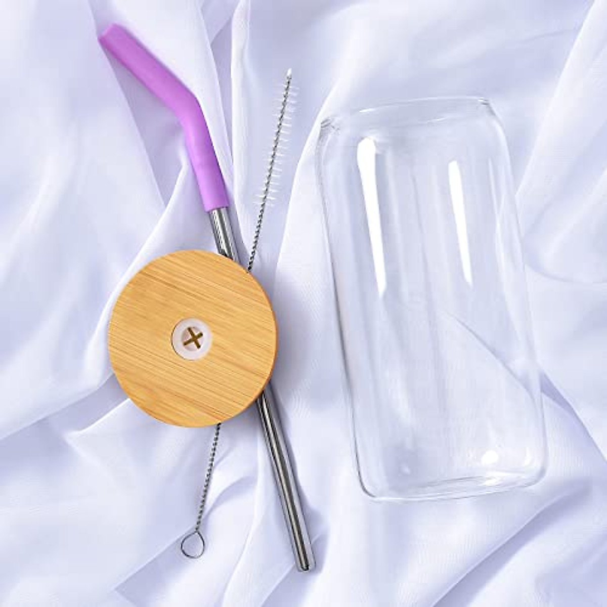 AUGOSTA Beer Can Glass with Lids and Straw, 16 oz Reusable Drinking Glasses Tumbler, Free 4 Bamboo lids, 4 Stainless Steel Straw with Colored silicone plug, 2 Cleaning Brush, 4 Pack