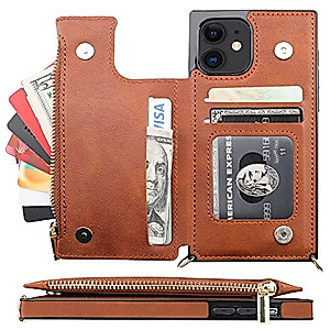 Bocasal Crossbody Wallet Case for iPhone 12/12 Pro with Card Holder,Zipper Card Slot Protector Shockproof Purse Cover with Removable Cross Body Strap 6.1 Inch(Brown)