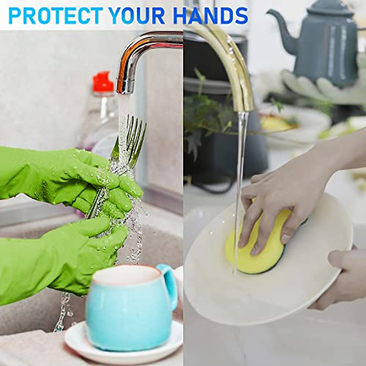 Disfore Rubber-Gloves Dishwashing Gloves for Cleaning-Kitchen - 2 Pairs of Durable and Reusable Kitchen Gloves，Long Sleeve Waterproof Household Cleaning Gloves for Washing Dishes (Medium Green)