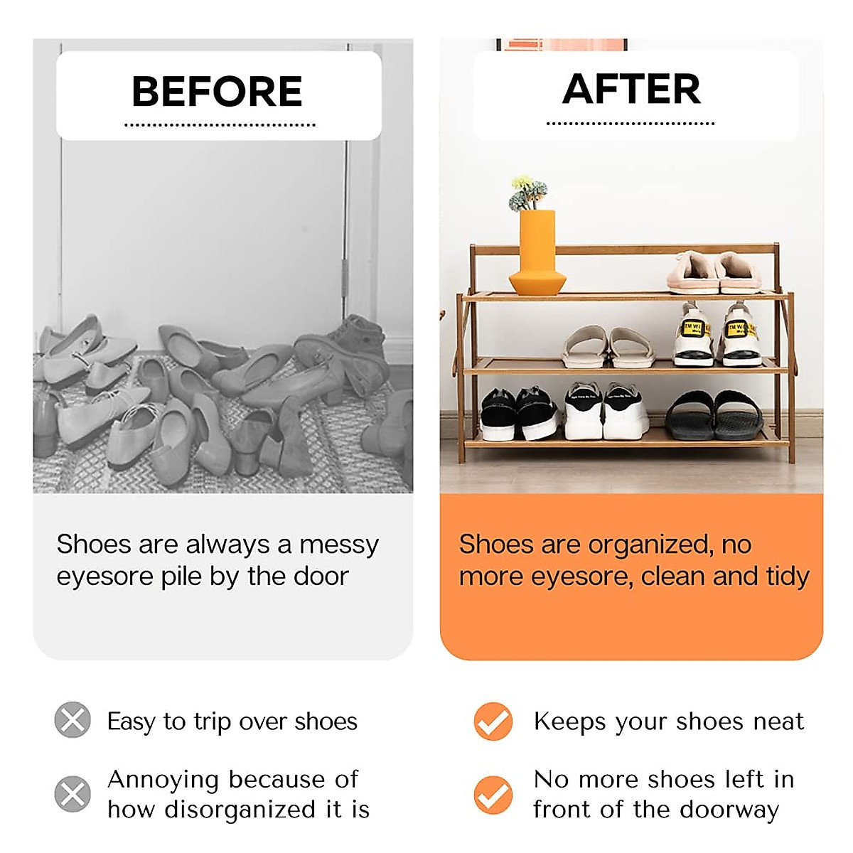 Small 3-Tier Shoe Rack for Closet & Entryway, Installation-Free Foldable Bamboo Shoes Storage Organizer, Sturdy Free Standing Three Shelf Shoe Stand for 6-9 Pairs, Brown 20x18x9 Inches