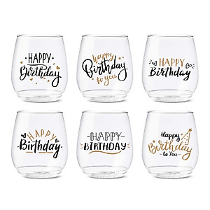 TOSSWARE POP 14oz Vino Golden Birthday Series, SET OF 6, Premium Quality, Recyclable, Unbreakable & Crystal Clear Plastic Printed Glasses