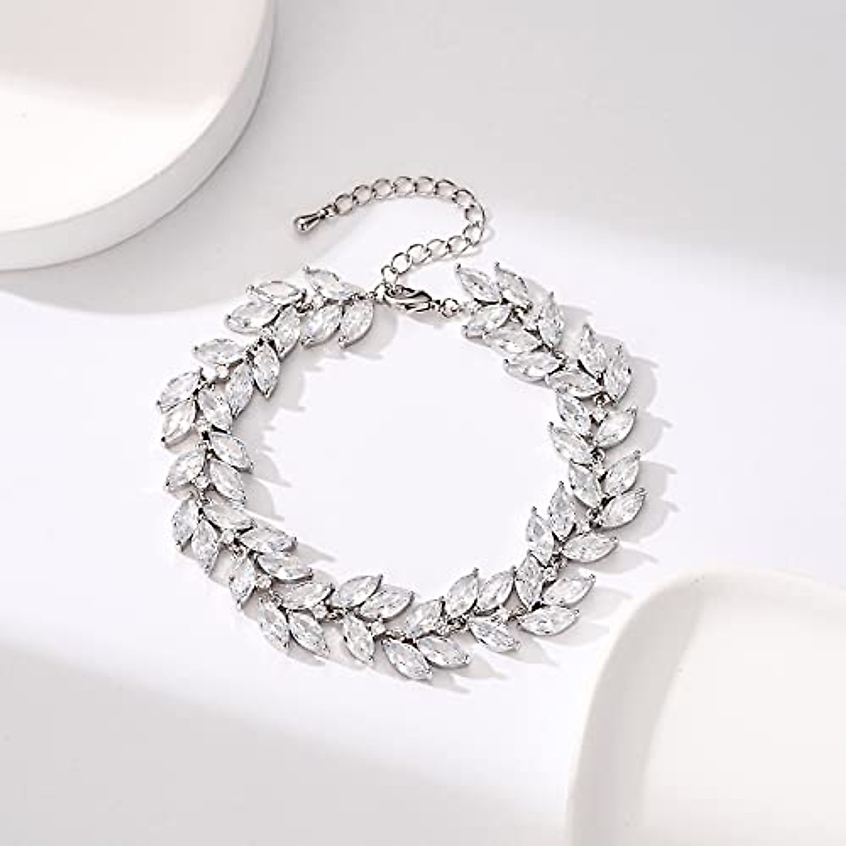 SWEETV Marquise Wedding Bracelets for Brides Bridesmaids, Adjustable Bridal Bracelet for Wedding, Crystal Cubic Zirconia Tennis Bracelet for Women (Silver.)