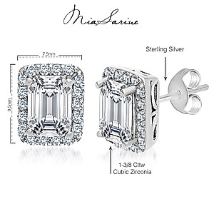 Mia Sarine Rhodium Plated 925 Sterling Silver 1-3/8 Cttw Emerald Cut Cubic Zirconia Stud Earrings for Women White