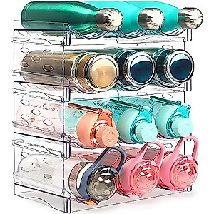 Water Bottle Organizer - 4 Pack Stackable Cup Organizer for Cabinet, Countertop, Pantry and Fridge, Free-Standing Tumbler Kitchen Storage Holder for Wine and Drink Bottles, Clear Plastic