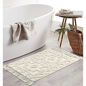 Uphome Boho Bath Mat 2'x3' Beige Hand Woven Tufted Kitchen Rug with Tassels Soft Machine Washable Cotton Small Rug Moroccan Geometric Throw Rug for Doormat Living Room Bedroom Laundry Room