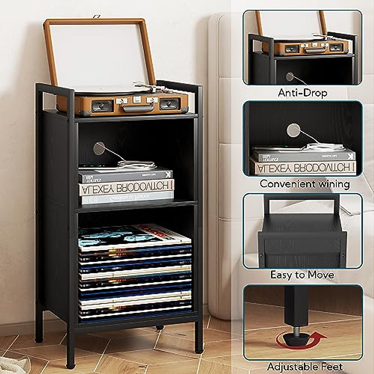 Yusong 3 Tier End Table, Tall Side Table With Storage Cabinets, Bedside Table Nightstand Small Bookcase for Small Space in Living Room, Bedroom, Office, Oak Black