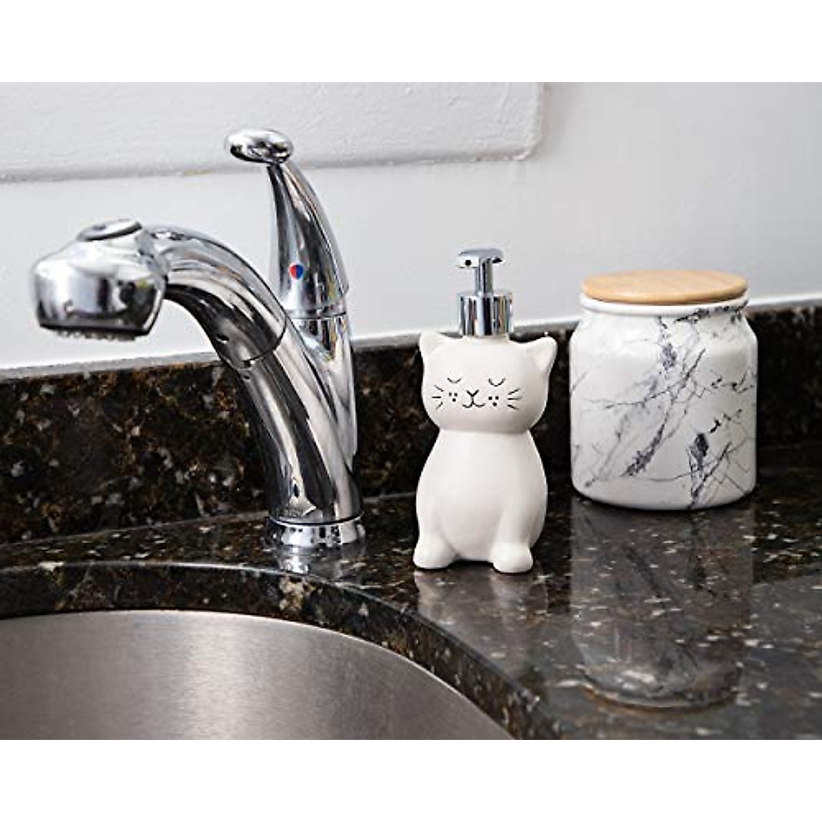 Isaac Jacobs White Ceramic Cat, Liquid Soap Pump/Lotion Dispenser with Chrome Metal Pump (Holds Up to 12 Oz) – Great for Bathroom, Kitchen Countertop, Bath Accessory (Cat)