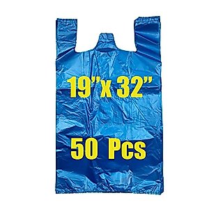 ROYAL 7 50CT Jumbo/Extra Large Plastic Grocery Reusable T-shirts Carry-out 19x10x32 Bags (BLUE, 50)