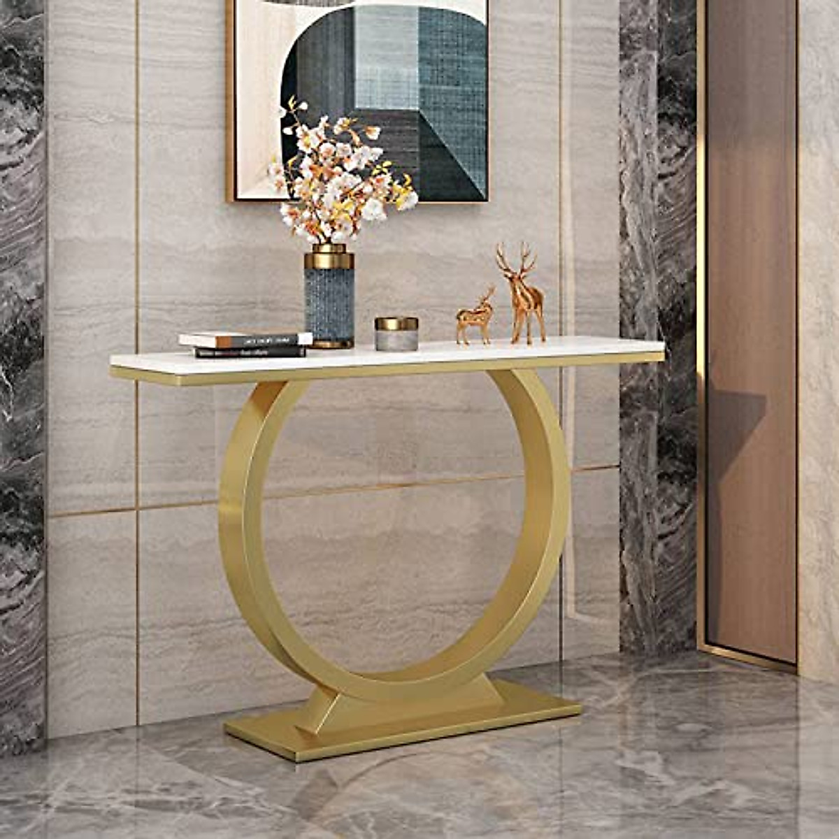 WebErt Coffee Table White Marble Narrow Table, 31.4 Inch Console Table with Metal Base, Foyer Table for Living Room, Entryway Side Table