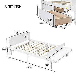 LostCat Full Bed with Storage, Full Bed Frames with 2 Drawers, Full Storage Bed Frame with Footboard Bench & Headboard, Full Bed for Kids, Kids Bed with Storage Drawers, No Box Spring Needed, White