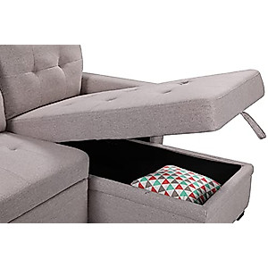 RITSU Living Room Reversible Sleeper Sectional Sofa with Storage Chaise, L-Shape Corner Couch with USB Charging Ports and Pocket, for, Home Furniture, Apartment, Dorm, Light Gray