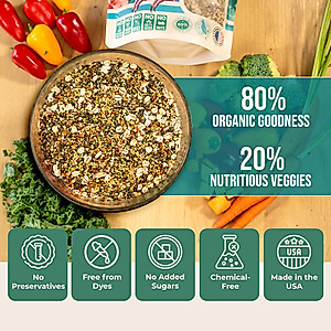 Flocksentials 80% Organic Parakeet Food - No Dyes, Fatty Seeds, Or FIllers - Human Grade Organic Parakeet Seed, Grain & Wholesome Veggies - for Budgies, Lovebirds, Parrotlets – Made in USA (2 lbs)