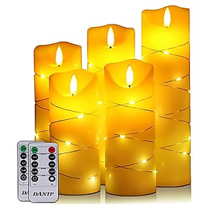 DANIP flameless Candle, with Embedded String Lights, 5-Piece LED Candles, with 10-Key Remote Control, 24-Hour Timer Function, Dancing Flame, Real Wax, Battery-Powered. (Ivory White)