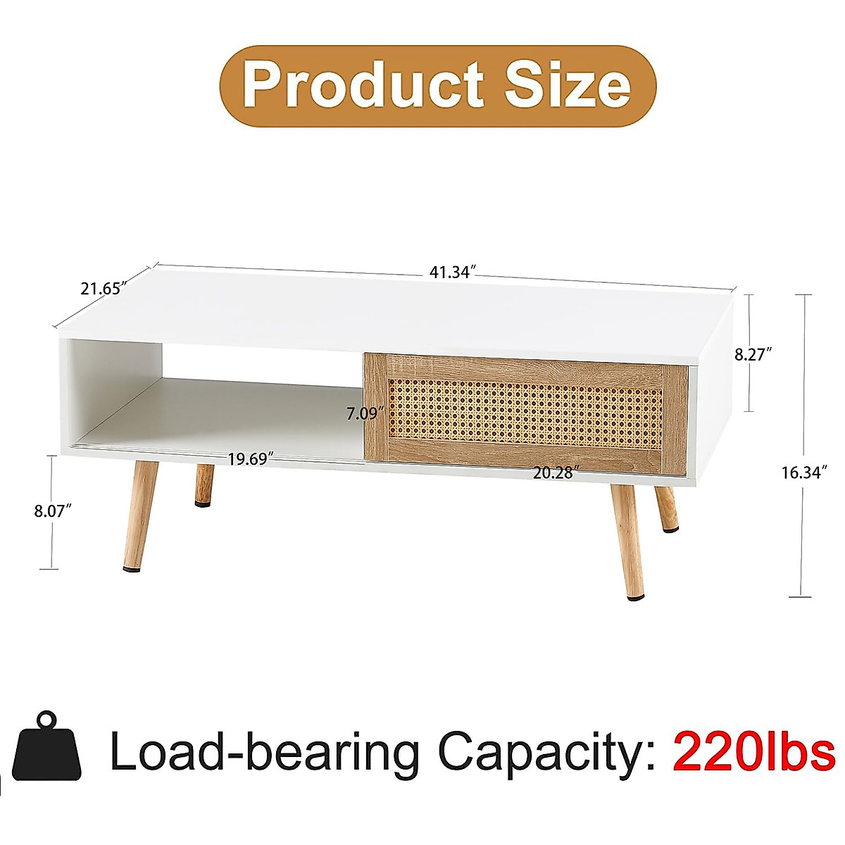 Mid Century Modern Coffee Table with Storage, 41.3 Inch Rectangle Wooden Accent Center Sofa Table with Sliding PE Rattan Woven Door Panel and Solid Wood Legs, Suitable for Living Room, Apartment