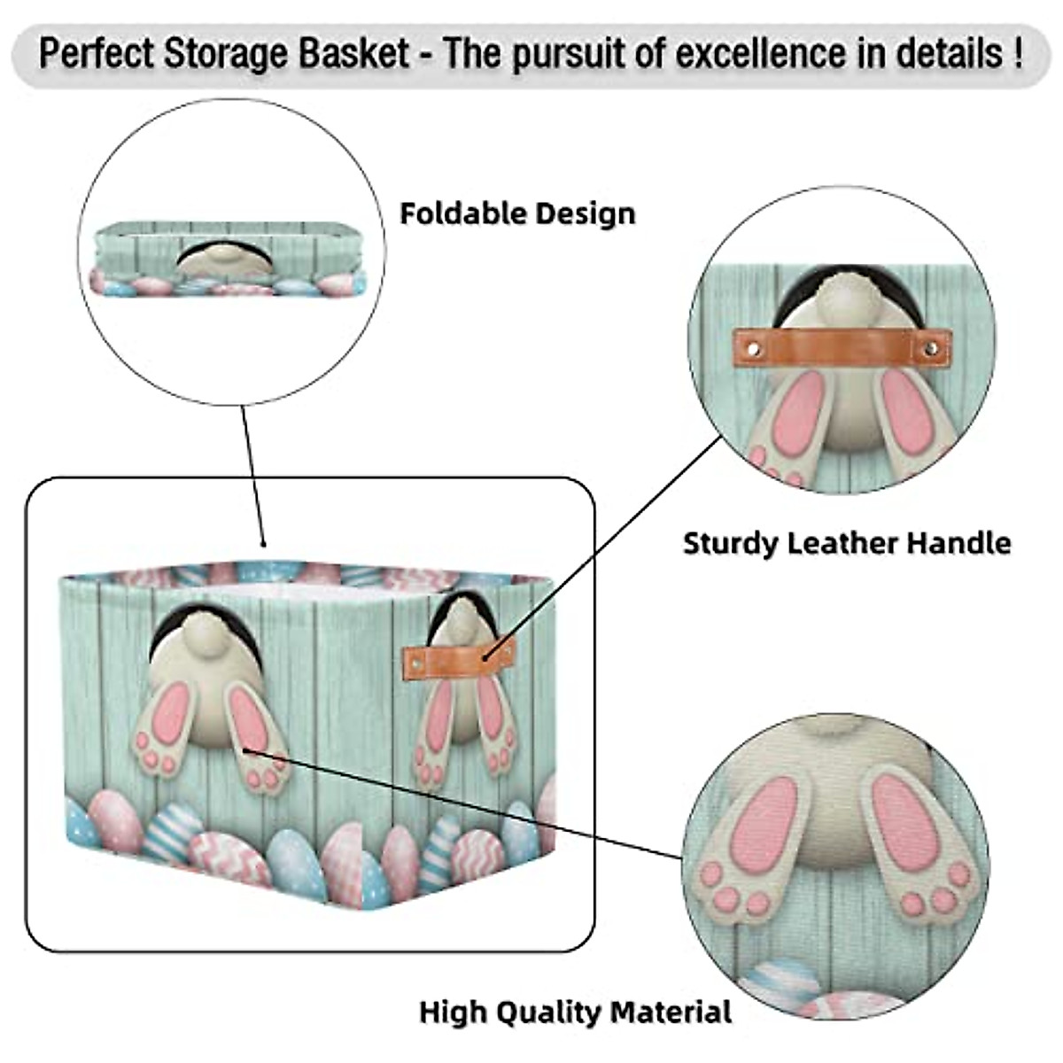 UOYO Easter Eggs Basket Bunny Tail Rabbit Wooden Large Storage Basket Bin With Handles Fabric Toys Box Collapsible Closet Shelf Blanket Organizer Basket Decorative for Nursery Bedroom Kids Room