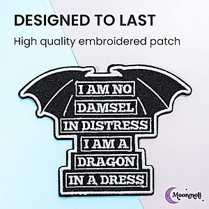 Moonmoli Embroidered Patches for Jackets, Feminist Design, I Am No Damsel In Distress I Am A Dragon In A Dress - Sew On or Iron On Patch for Clothes, Jeans, Pants, Denim, Bag, Hat - Punk Style, Black