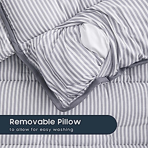 Wake In Cloud - Nap Mat with Removable Pillow for Kids Toddler Boys Girls Daycare Preschool Kindergarten Sleeping Bag, Gray Grey Stripes Printed on White, 100% Cotton with Microfiber Fill