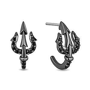 Jewelili Enchanted Disney Fine Jewelry Black Rhodium over Sterling Silver 1/6 Cttw Treated Black Round Diamond Ursula Trident Earrings