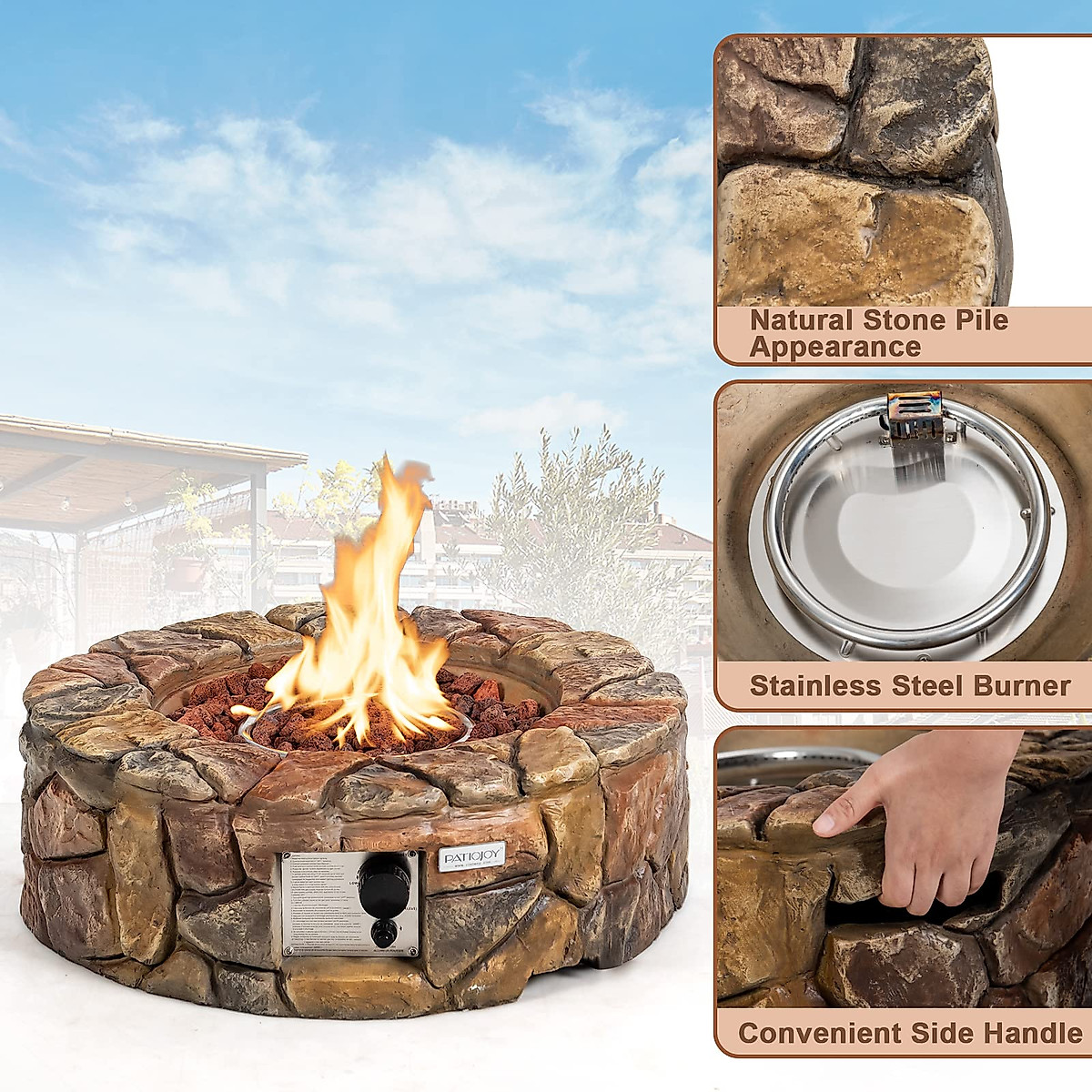 Toolsempire 7 Pieces Patio Furniture Set with 40,000 BTU Propane Round Fire Pit Table, Patio Fire Table Set with Cushions, Lava Rocks & Waterproof Cover, Wicker Conversation Set for Garden(Coffee)