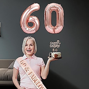 60th Birthday Gifts for Women Rose Gold, 60 Years Old Birthday Tiara, Sash, Balloons, Cake Topper, Candle and Glasses for 60th Birthday Party Decoration, 6 PCS