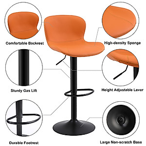 Youhauchair Bar Stools Set of 2, PU Leather Counter Height Barstools with Back, Height Adjustable Swivel Bar Chairs, Modern Armless Kitchen Island Stool, Orange