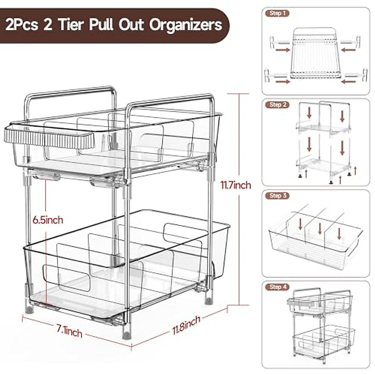 FEIMADA Under Sink Organizers and Storage 2 Packs, 2 Tier Bathroom Organizer Clear Pull out Cabinet Organizer for Bathroom Storage Kitchen Pantry Storage, Medicine Cabinet Organizer with Dividers