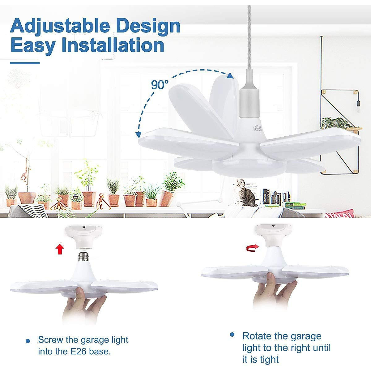 LED Garage Light 2 Pack 60W E26/E27 6000LM Deformable Ceiling Trilights LED Lights 6500K Daylight White Garage LED Bulb with 4 Adjustable LED Panels, Bay Lights for Warehouse Workshop Basement Barn