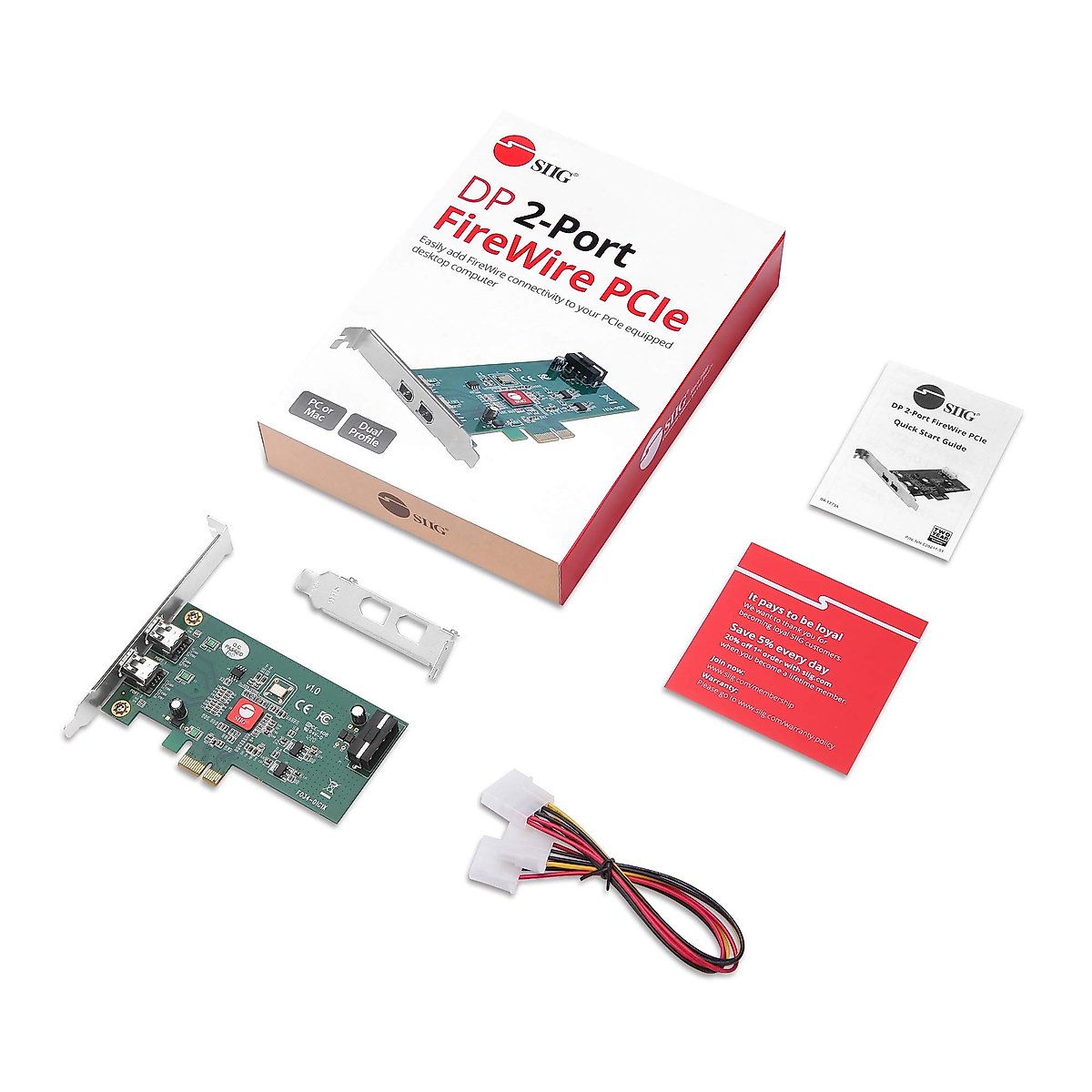 SIIG Dual Profile 2-Port FireWire 400 PCIe Card, PCIe 1.1 x1 to Dual 6-pin 1394a Port, 400Mbps, TI XIO2213BZAY Chipset, for Windows & Mac, Dual-Profile Brackets (NN-E20211-S1)
