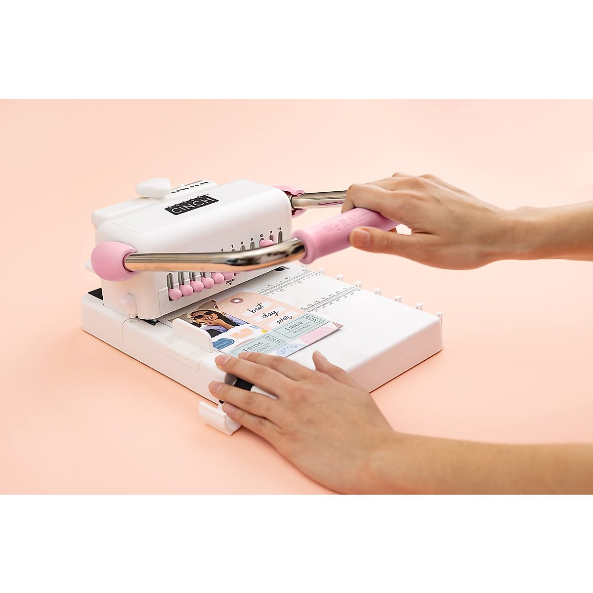 We R Memory Keepers, Cinch Book Binding Machine 2, Pink/White, Easy to Use Design with Slide Ruler, Compatible with Wire or Spiral Coils, Make Professional Books, Notebooks, Calendars and More