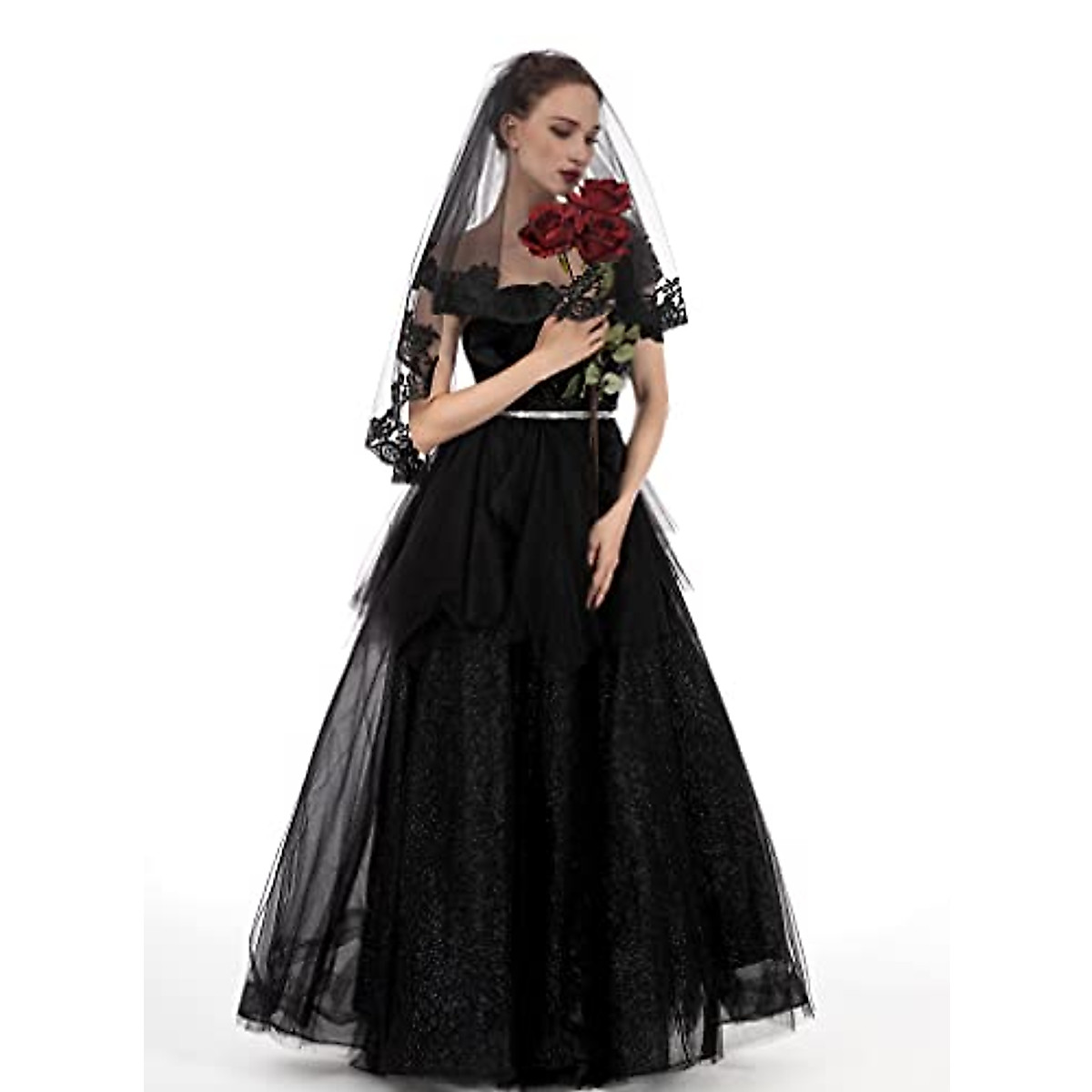 PAMOR Black Lace Veil Creative Mantilla Cathedral Tulle Sheer Wedding Halloween Veil for Bride With Comb