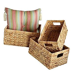 Water Hyacinth Wicker Baskets for Organizing, Rectangular Wicker Baskets with Built-in Handles 3-Pack