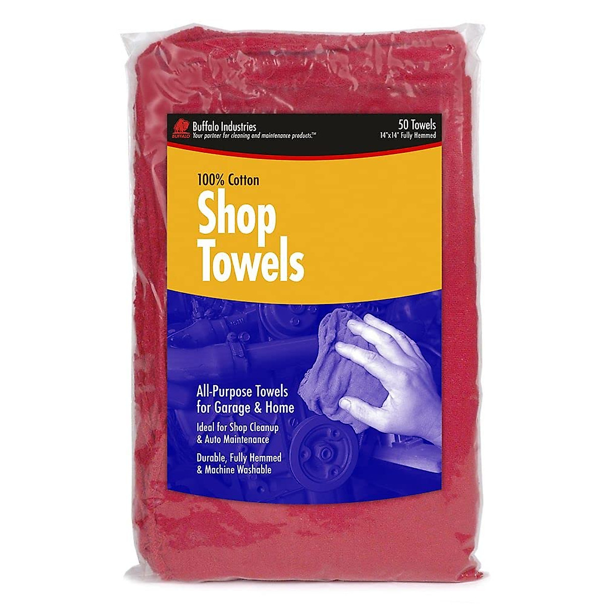 Buffalo Industries (62017) 100% Cotton 14" x 14" Fully Hemmed Red Shop Towels, Pack of 50 - Grease and Oil Rag for Automotive, Garage and Home - Washed, Dyed and Dried for Quality - Machine Washable